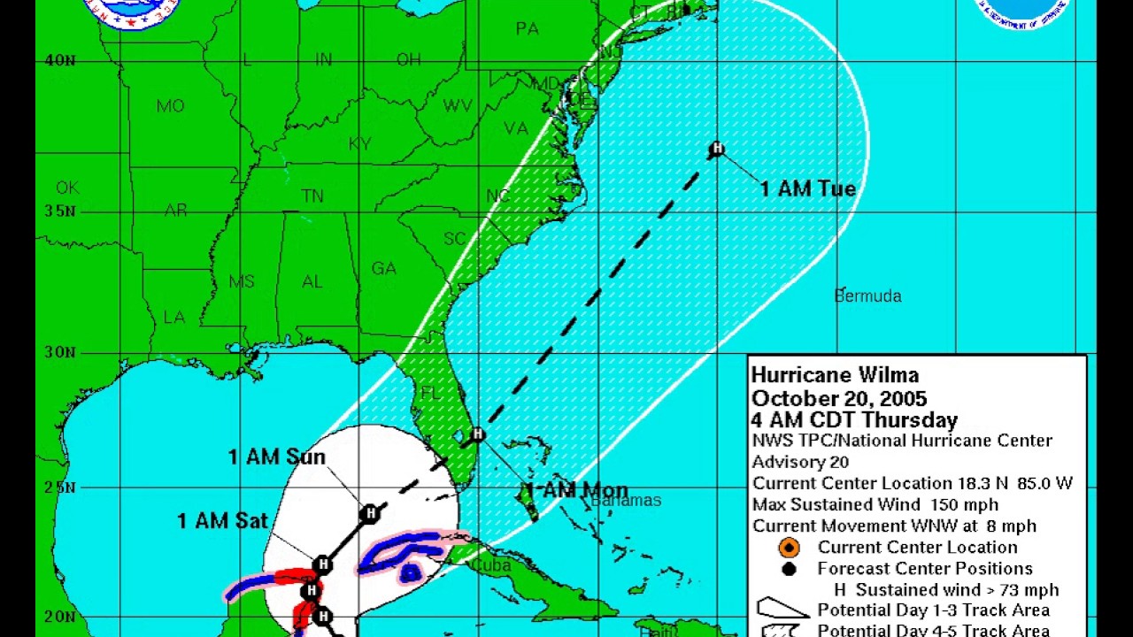 Hurricane Wilma NHC forecast cone advisory's (2005). - YouTube