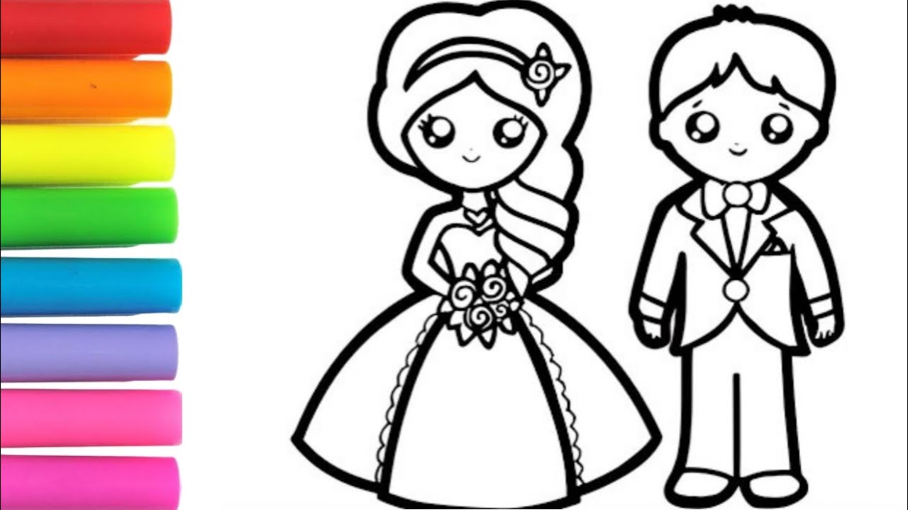 Cute bride and groom drawing and painting for kids and toddlers, how to ...