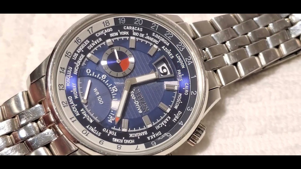 Vintage Citizen Eco Drive World Time Date Mens Quartz Watch Stainless ...