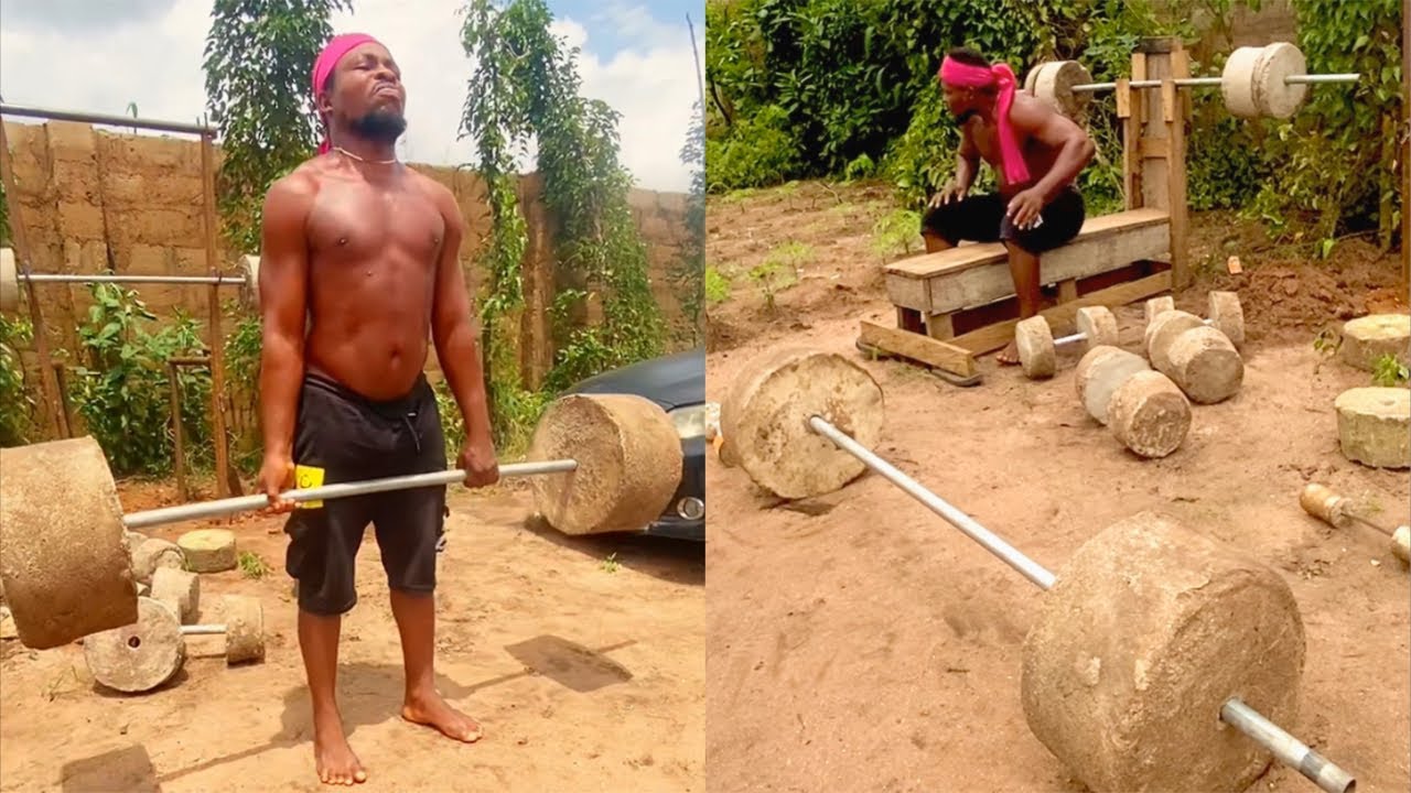 Home workouts and bodybuilding with cement barbell and Dumbell. - YouTube