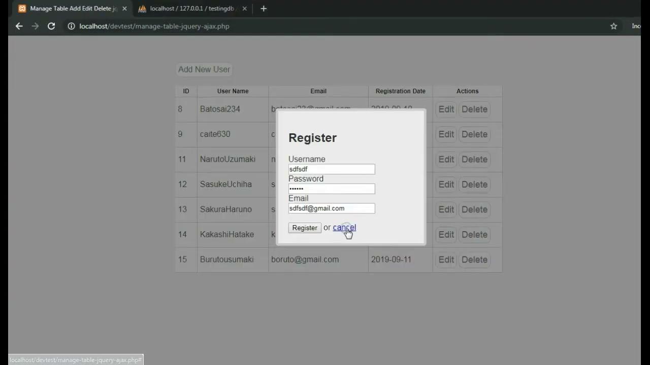 Manage Table Add Edit Delete jquery ajax mysqli - YouTube