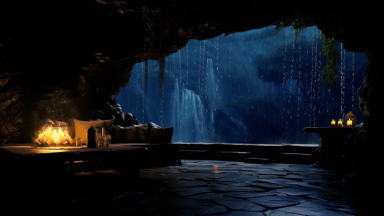 Cozy Cave with Waterfall Viewing while Listening to Rain & Campfire ...