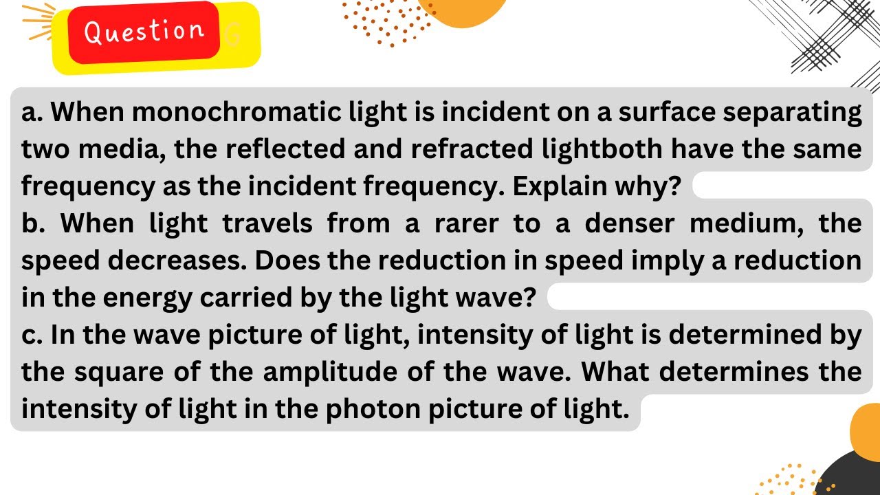 When monochromatic light is incident on a surface separating two media ...