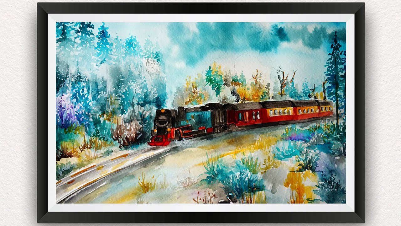 SNOWY TRAIN PAINTING / WATERCOLOR PAINTING TUTORIAL STEP BY STEP ...