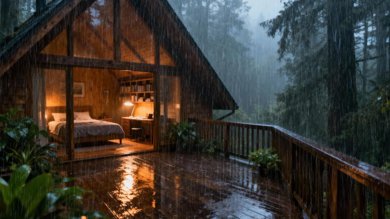 Heavy Rain on a Forest Cabin Balcony 🌧️ Relaxing Rain Sounds in the ...