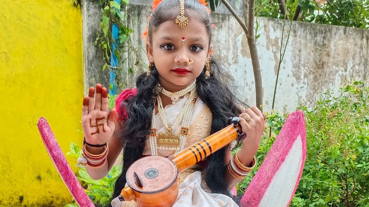 Goddess Saraswati devi saree draping and makeup tutorial for kids fancy ...