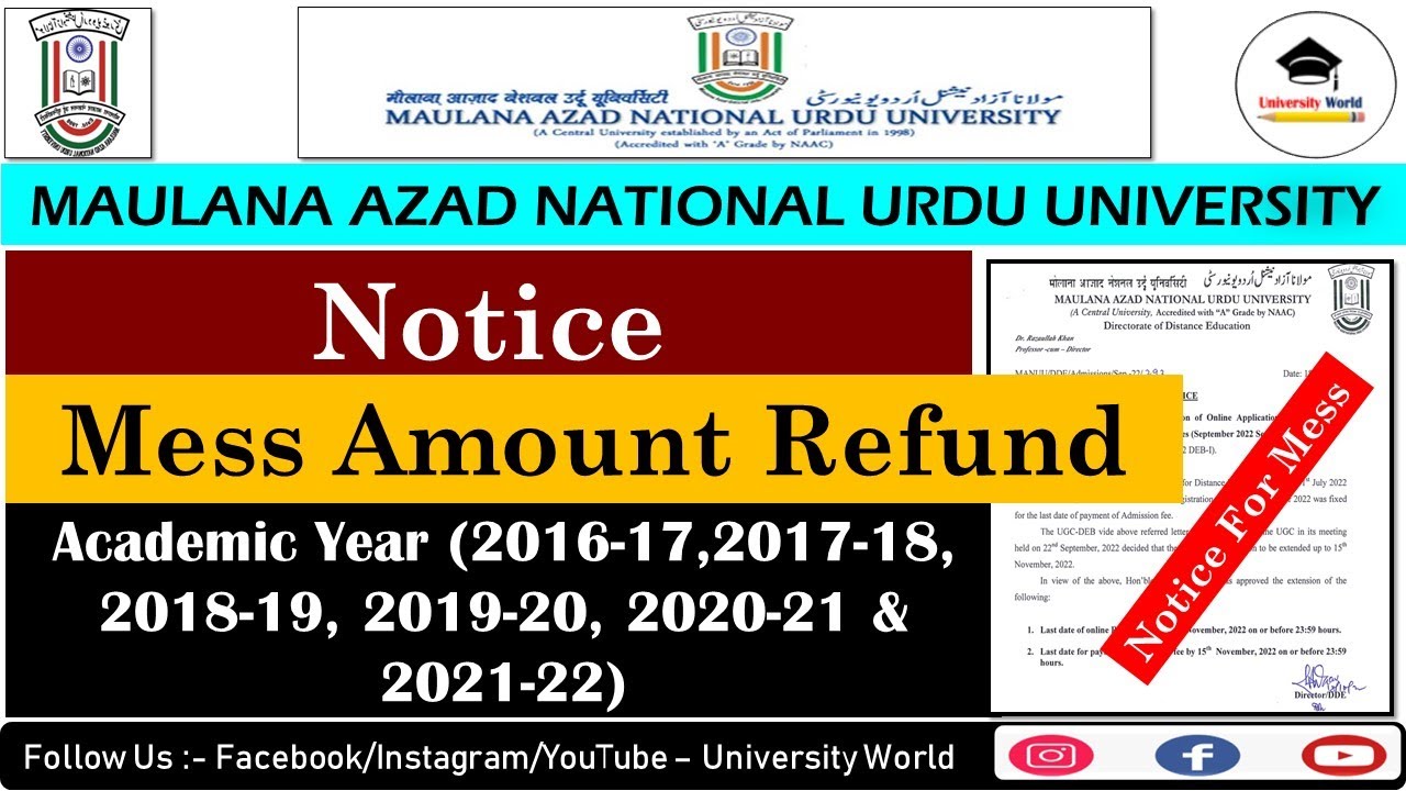 Mess Amount Refund For All Students || Academic 2016-2022 Years ...