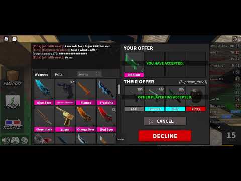 I traded my bio blade for 70 coals 30 sweater guns and 30 holy knifes and a elitey pet big win!!!!