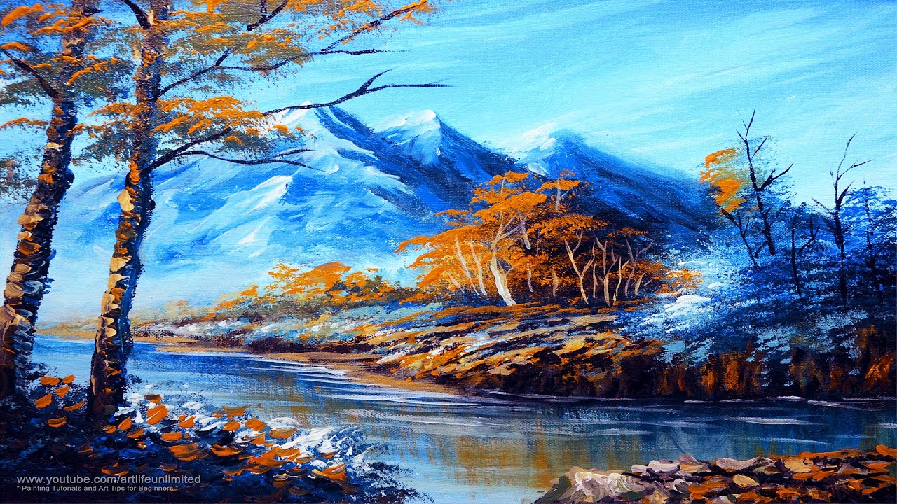 Landscape and river bank painting tutorial using 4 colors of acrylic ...
