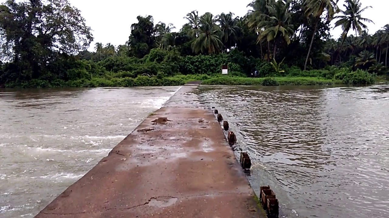 HIGH TIDE WATER FLOWING ABOVE SMALL BRIDGE ON GAD RIVER BACKWATER NEAR ...