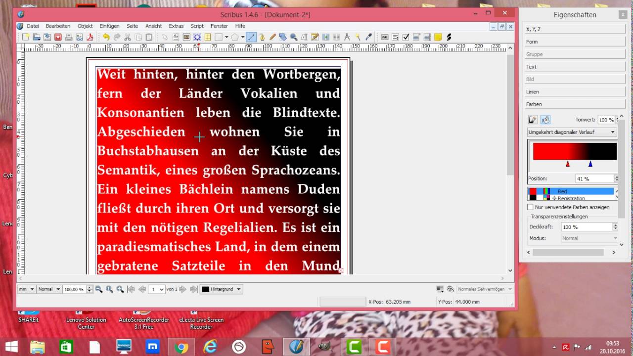 Scribus Linienfarbe Textfarbe Seitengröße ändern - YouTube