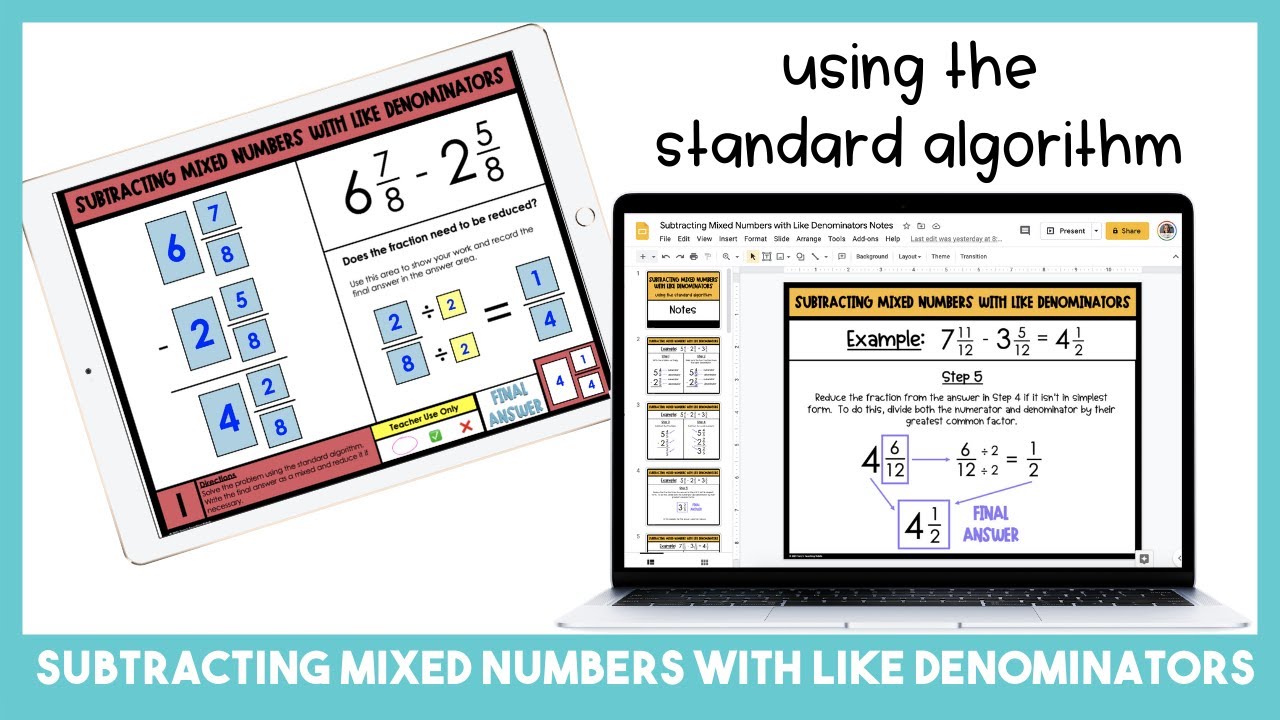 Subtracting Mixed Numbers with Like Denominators Using the Standard ...