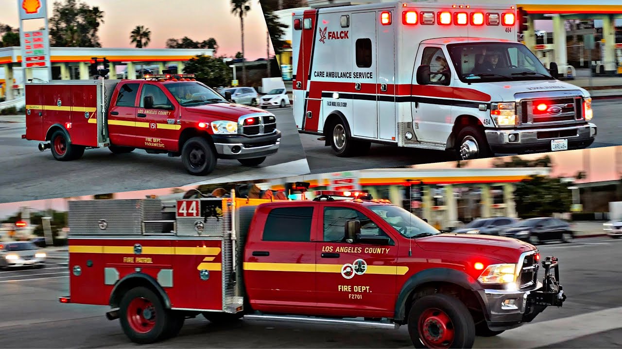 LACoFD Patrol 44, Squad 151 & Falck Care Ambulance Responding - YouTube