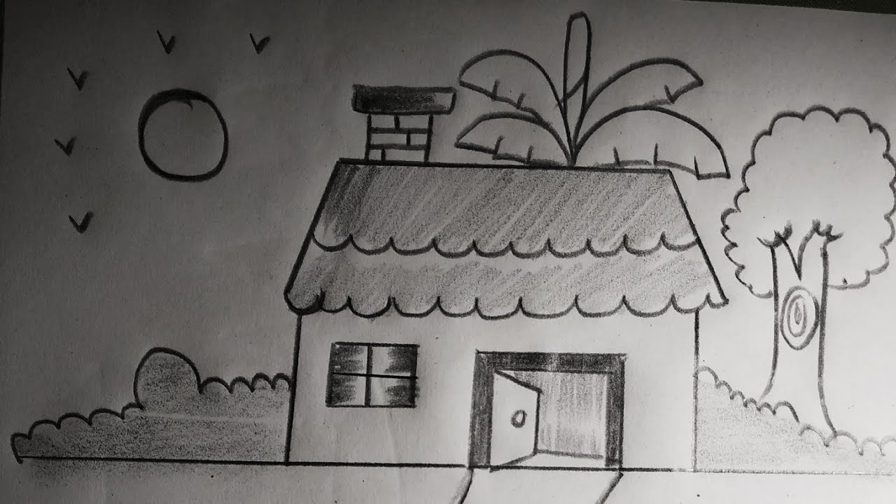 Simple land scape drawing/Easy scenery drawing for beginners/Village ...
