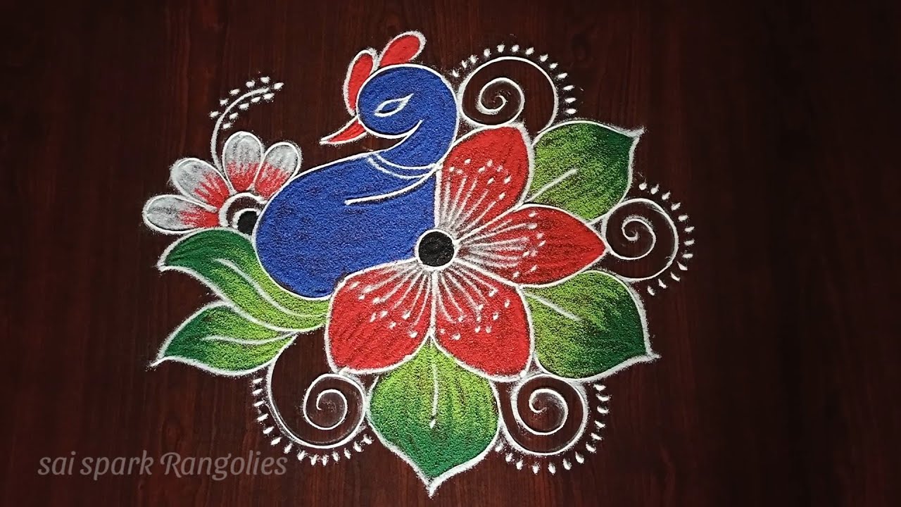 small peacock with flower rangoli | simple mayil kolam | creative ...