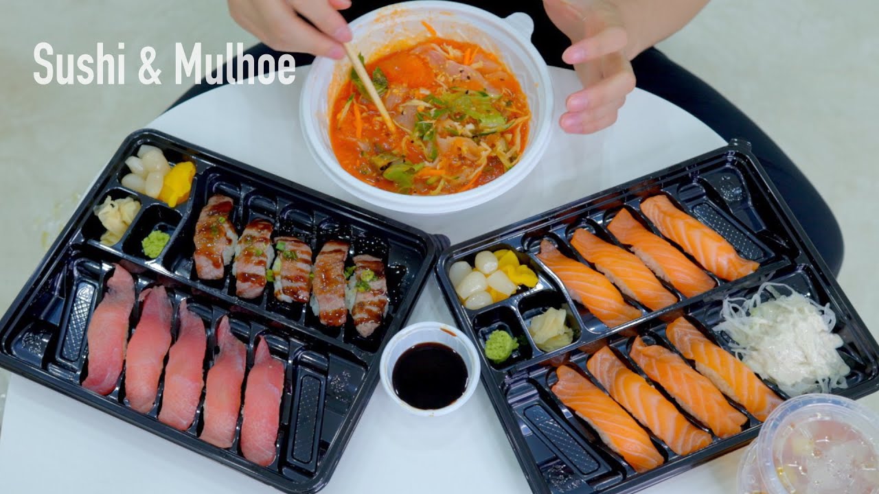 Real Delivery Mukbang 🤤 Sushi with Mulhoe 🥤ft. Boba cake - YouTube