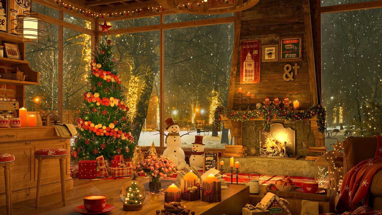 4K Snow Night on Window at Christmas Coffee Shop Ambience ☕ Relaxing ...