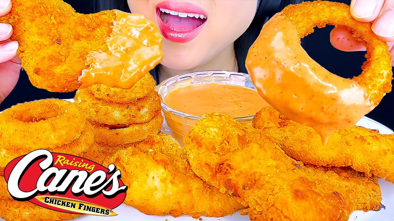 RAISING CANES SAUCE with FRIED CHICKEN TENDERS & ONION RINGS ASMR ...