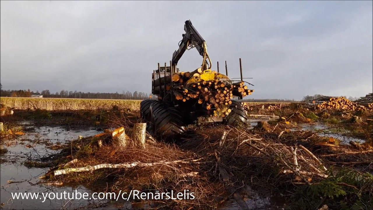 Logging with homemade forwarder in wet forest.. - YouTube