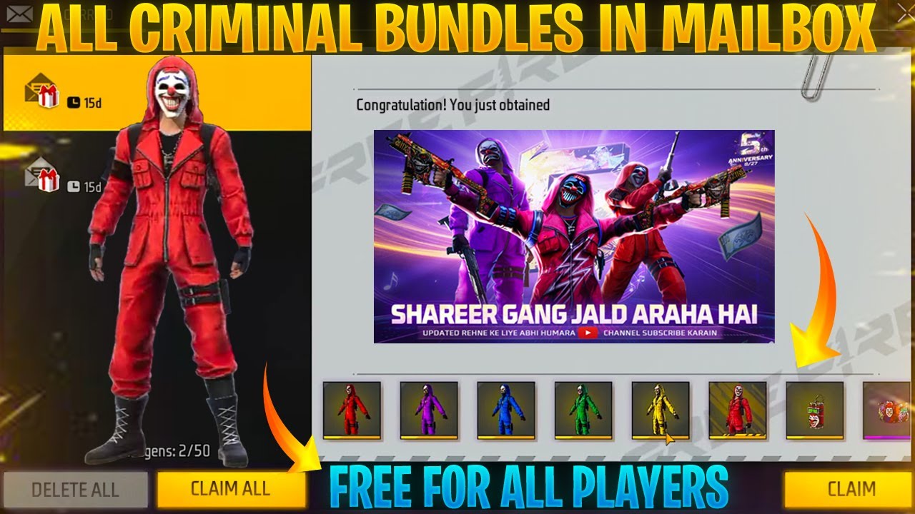 All Criminal Bundles in Mailbox Free Fire | Red Criminal Free With Neon ...