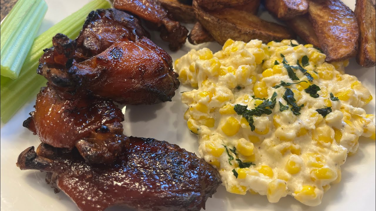 My Famous Sweet & Spicy Wings w/ Cream Cheese Corn & Wedge Fries - YouTube