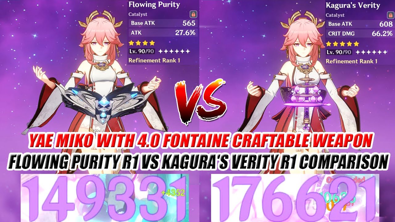 Yae Miko Fontaine Craftable Weapon Test - Flowing Purity R1 vs Kagura's ...