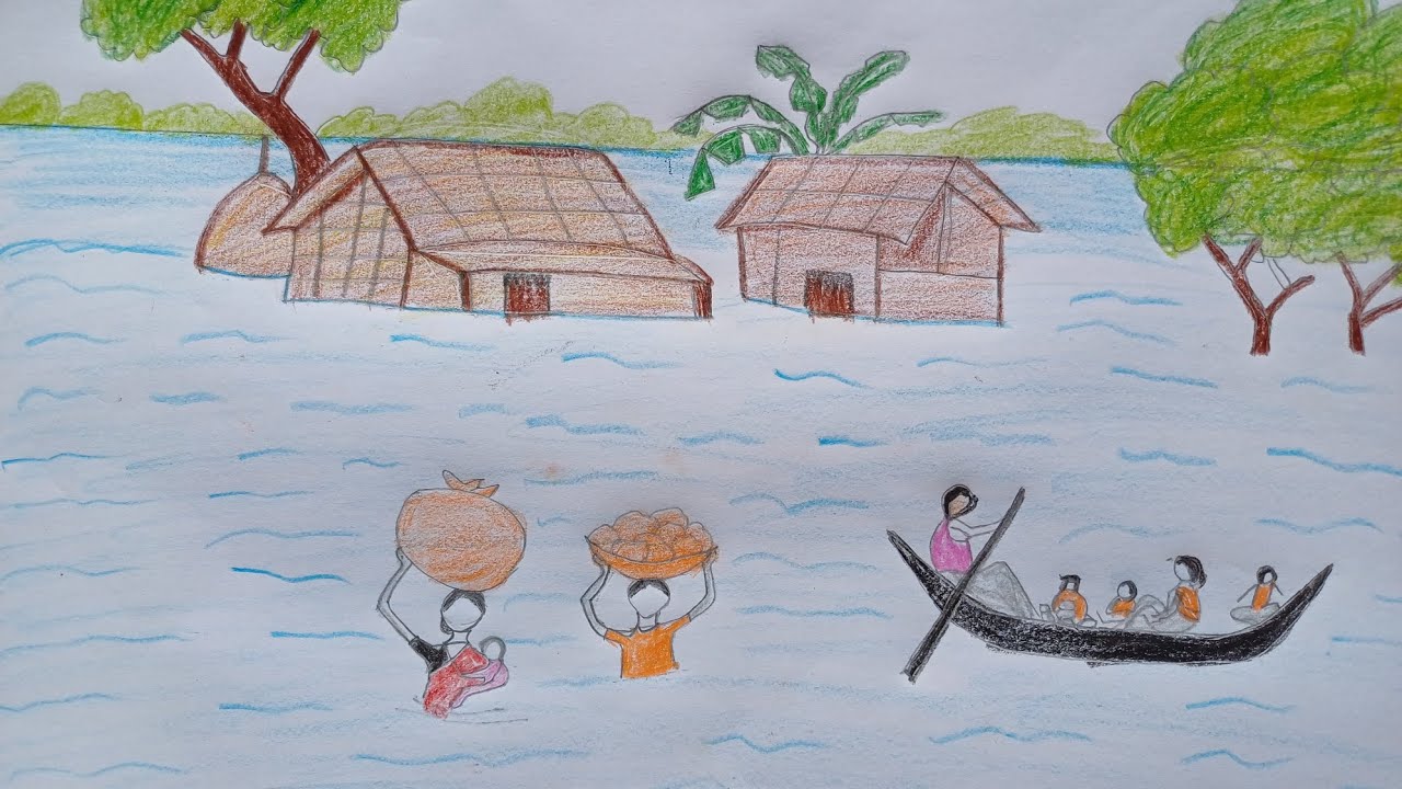 Easy draw scenery of flood step by step!! - YouTube