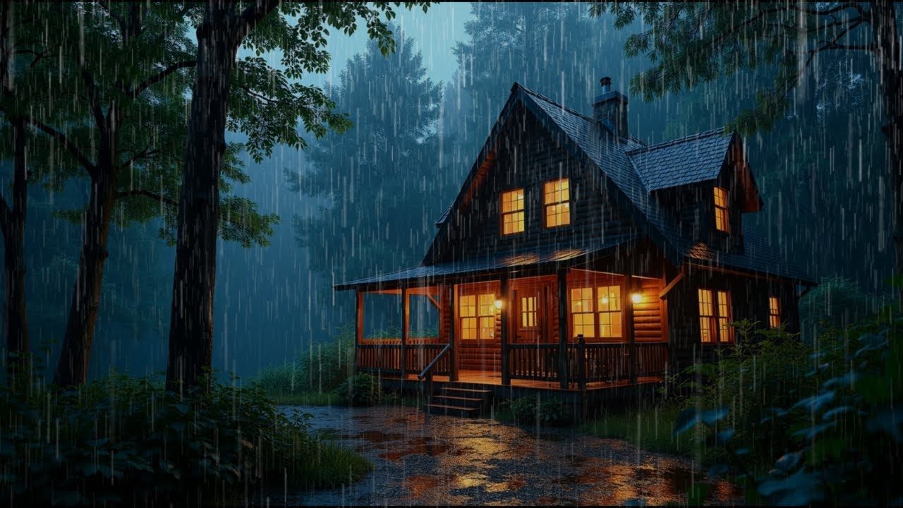 Peaceful Rainfall in the Forest Cabin🌧️🌲Thunder & Raindrops by the Lake ...