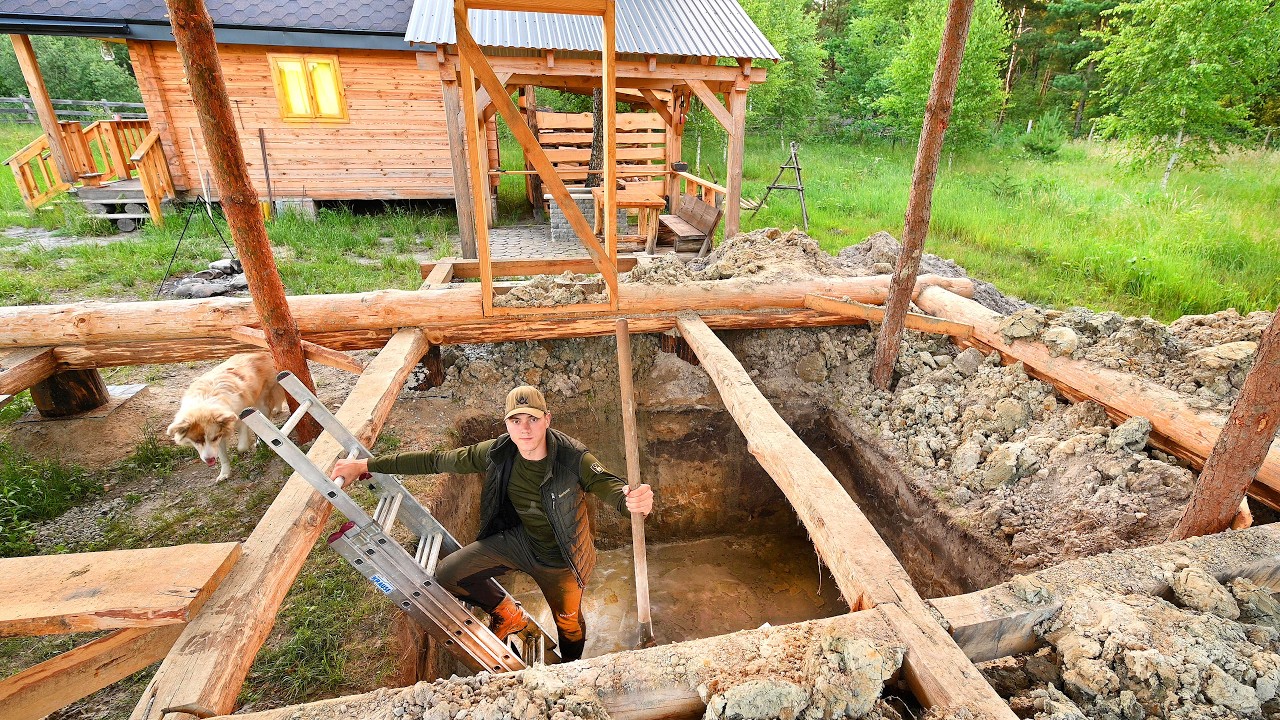 Building an Underground Food Storage in My Big Log Home in the Forest ...