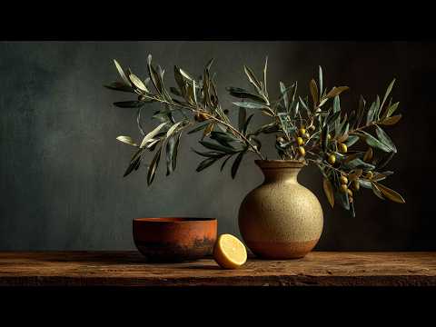 Quiet Elements | Olive Branch Still Life with Lemon on Dark Background | Frame TV Art Screensaver