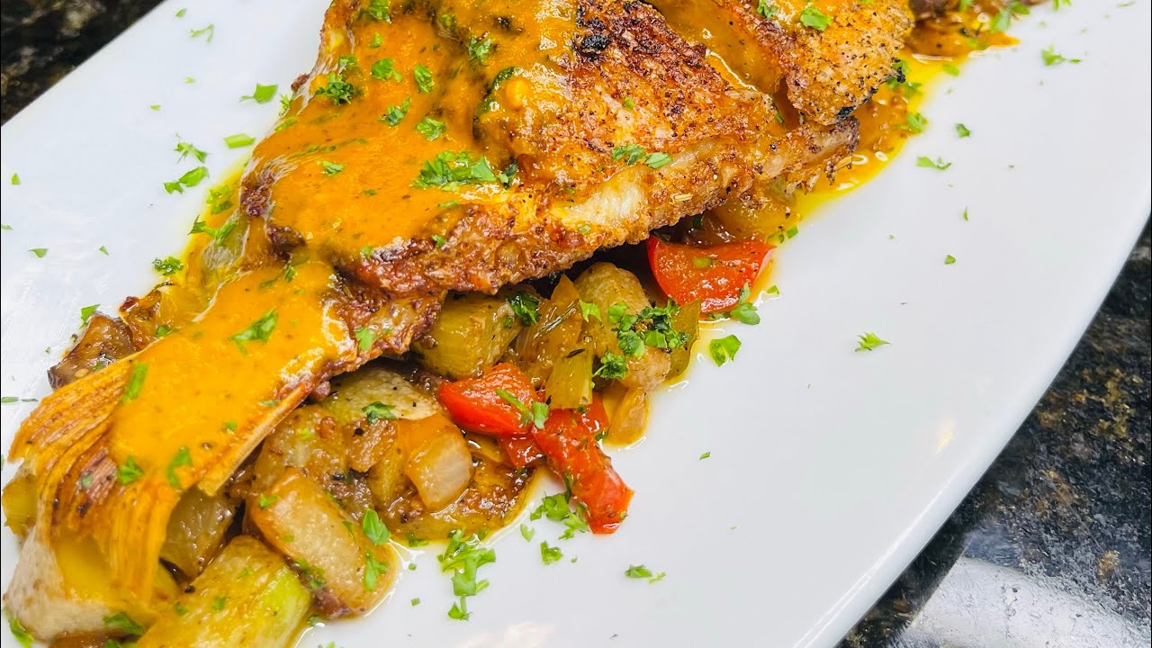 (COOKING VID) Fried Snapper, Chayote Squash, Champagne Turmeric Sauce ...