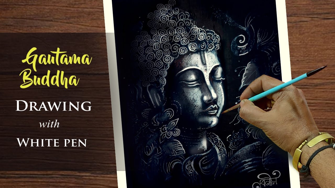 gautam buddha drawing with white pen | how to draw a buddha face statue ...