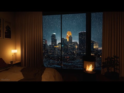 A Snowy Night Ambience in Minneapolis For A Good Night's Sleep | Crackling Fire Sounds