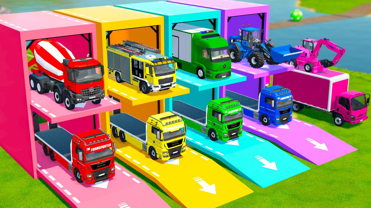 TRANSPORTING EXCAVATOR, MIXER TRUCK, WHEEL LOADER, POLICE CAR TO GARAGE ...