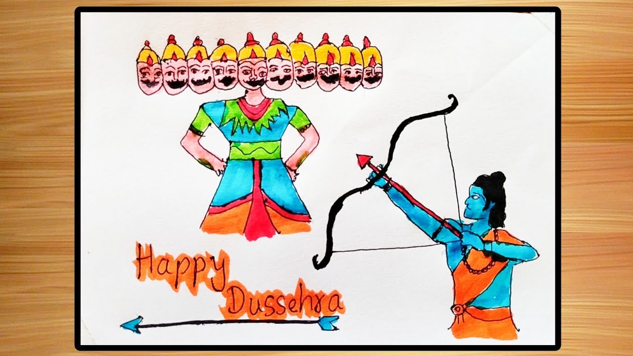 Dussehra Drawing/Vijayadashami poster making drawing/Dussehra easy ...