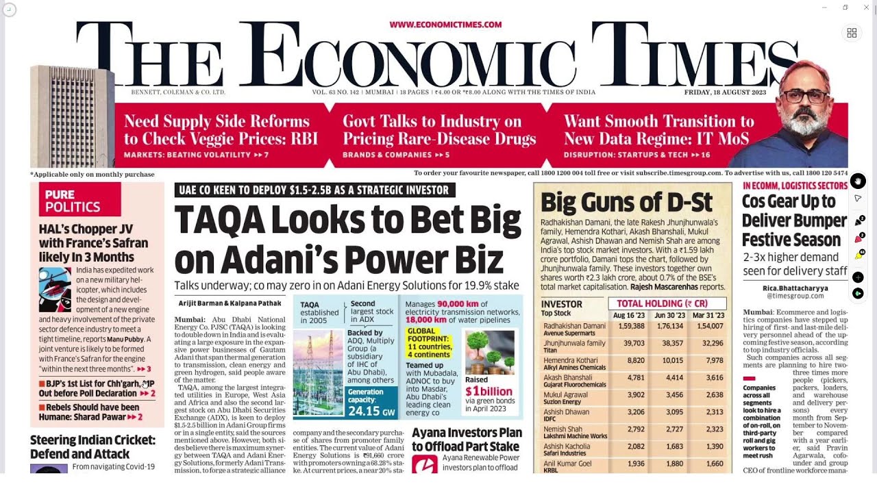18 August 2023 - Economic Times Newspaper- Daily Business News Analysis ...