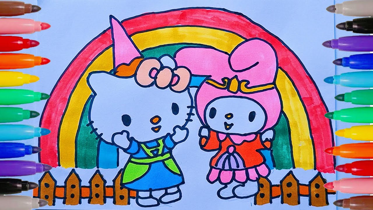 Belajar Mewarnai Hello Kitty dan MyMelody, Dengan Pelangi Pakai Spidol ...