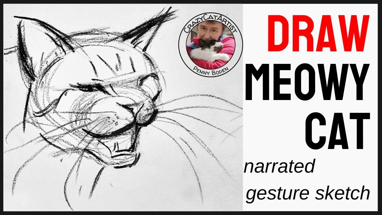How to Draw Meowing Cat Face Partial Side View Opened Mouth Simple ...