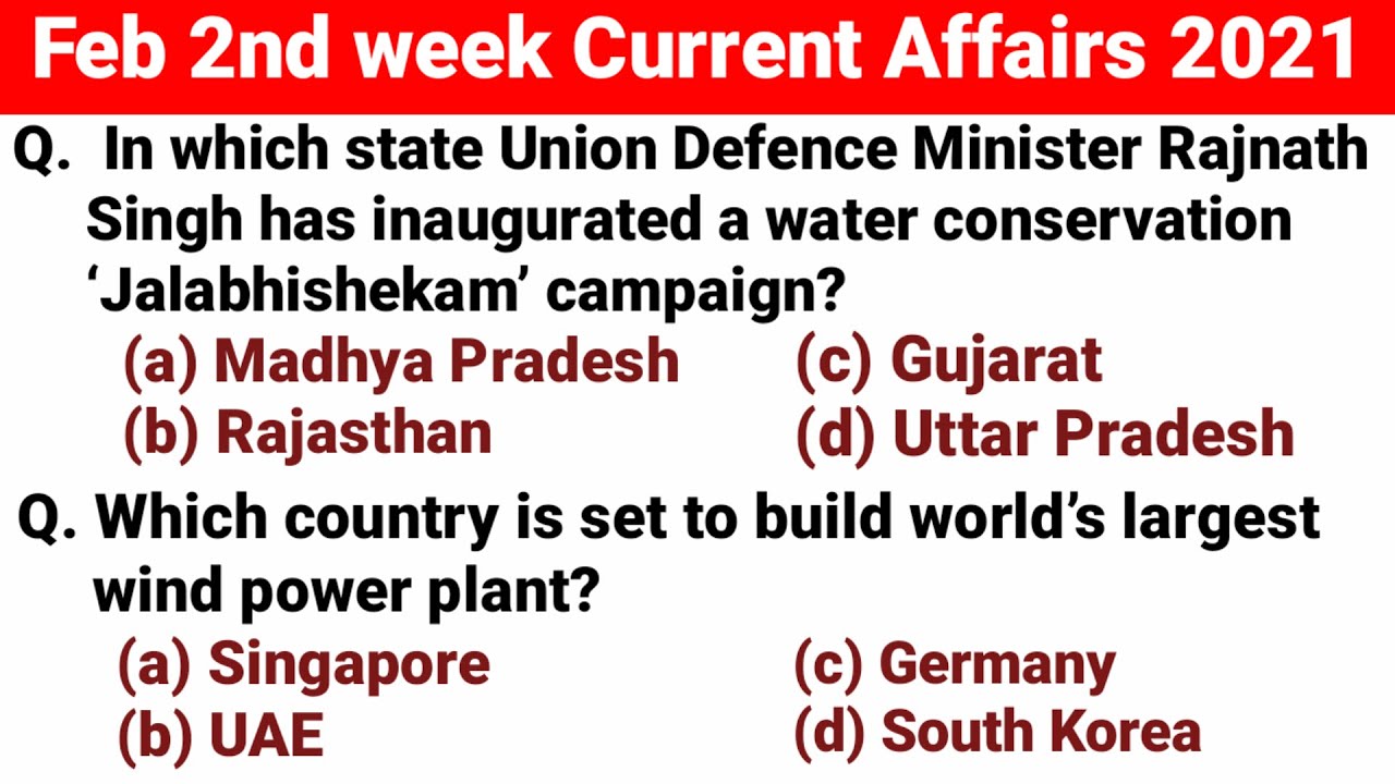 February 2nd Week Current Affairs 2021| Weekly Current Affairs for all ...