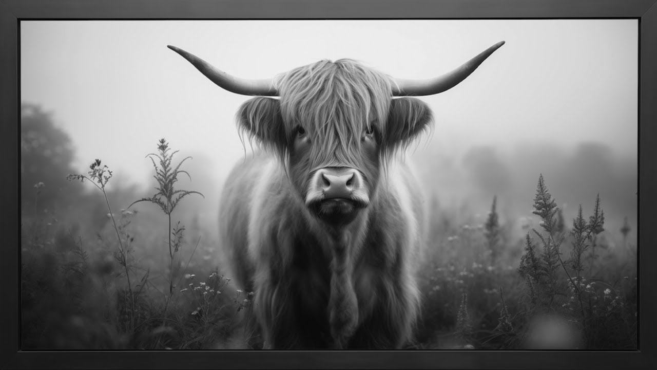 Framed Art Gallery / Highland Cow B&W / 2 Hour Screensaver Video - YouTube