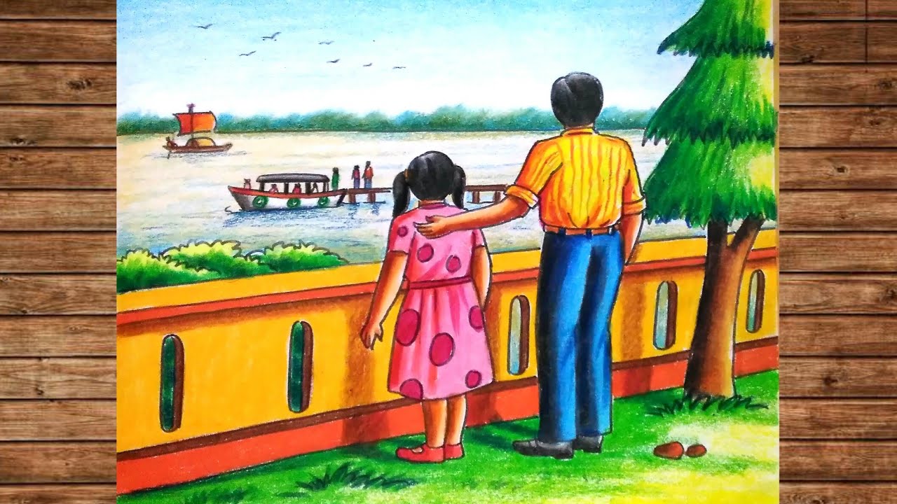 How to draw a river side scenery step by step/River side drawing with ...