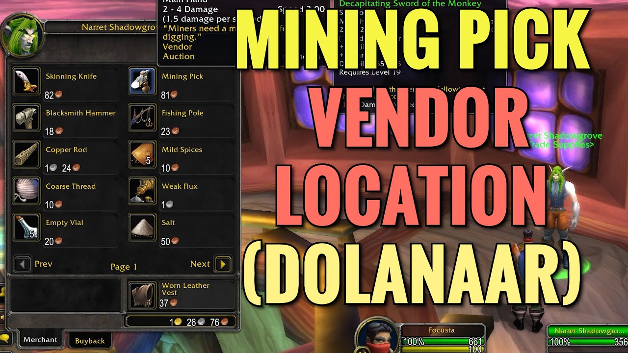 Dolanaar Mining Pick Vendor Location - WoW Classic - YouTube