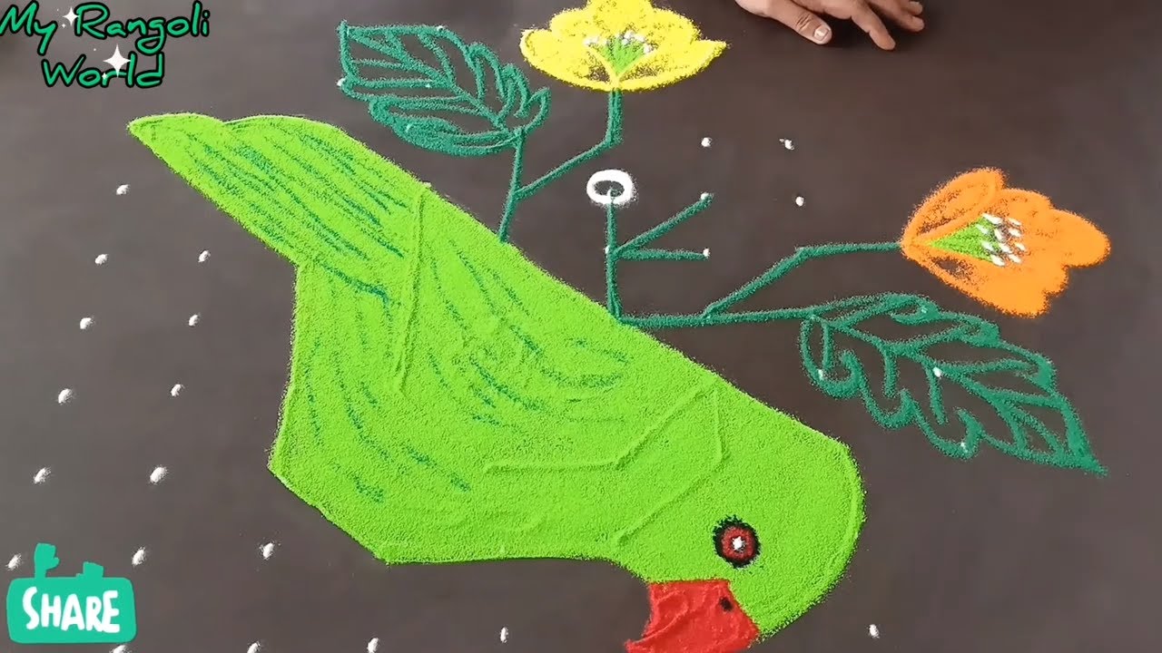 Easy Parrot Rangoli with 12x4 dots| Parrot Muggulu with dots and Colors ...