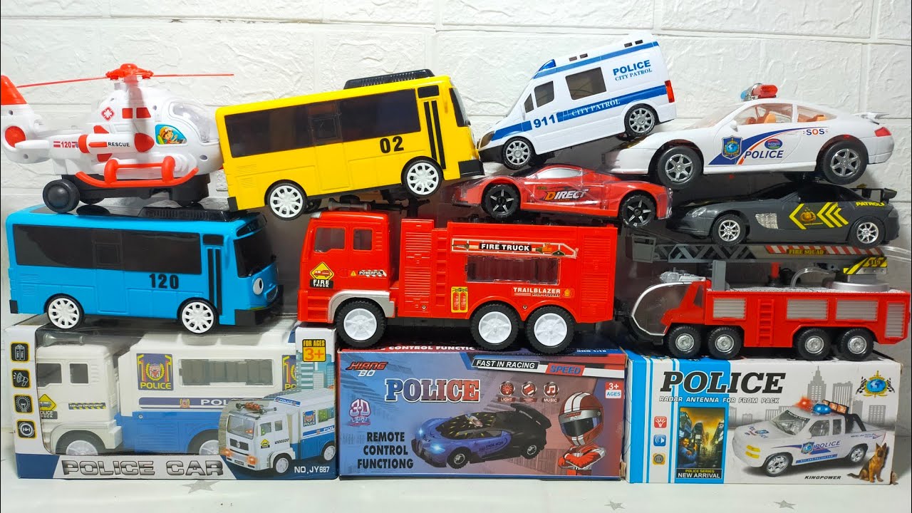 Unboxing Truk Pemadam, Mobil Polisi, Bus Tayo, Helikopter dan Mobil ...