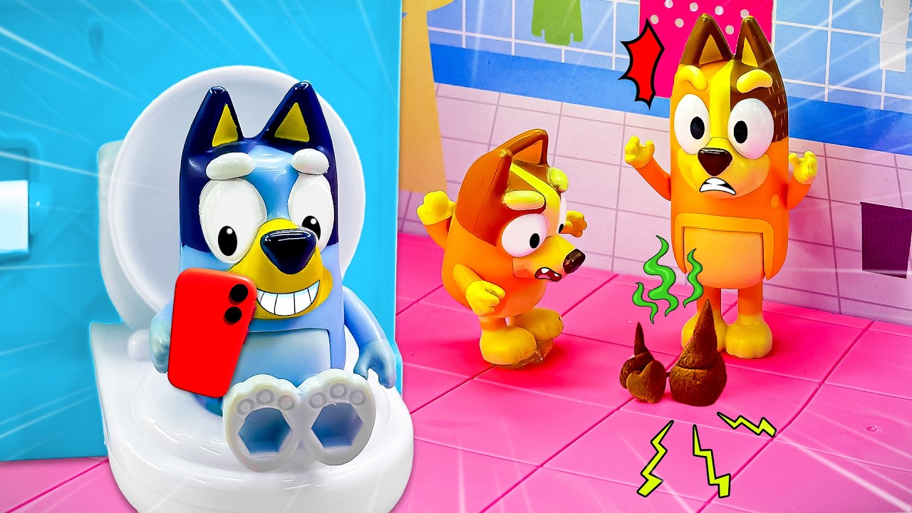 Bluey and Bingo Learn a Lesson: No Phones in the Bathroom | Pretend ...