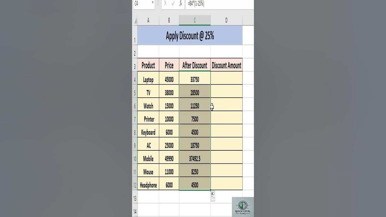 "Apply Discounts Easily in Excel 💸📊 | Quick Tutorial"#excel #exceltips - YouTube