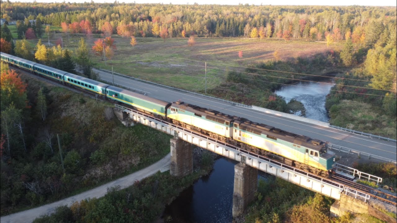 Nice Aerial View in 4K! Late VIA Rail Ocean Train 14 on Bridge near ...