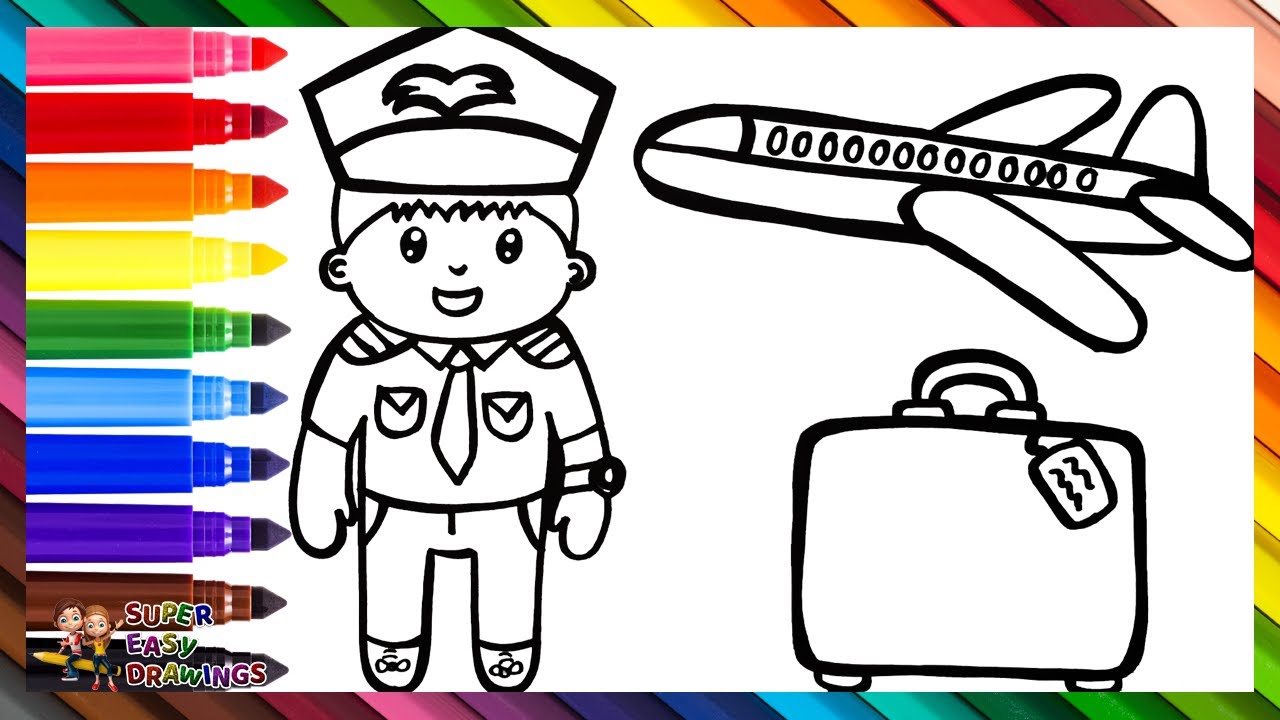Draw and Color an Airplane Captain with Accessories 🧑‍ ️☁️ ️🧳 Drawings ...