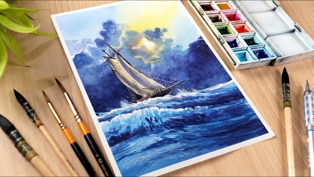 Easy Watercolor painting for beginners Dramatic Sea Landscape Seascape ...