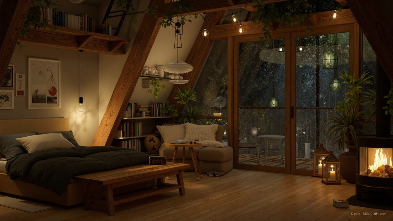 Hygge Study Music for Deep Focus ~ Cozy Wood Bedroom, Gentle Rain ...